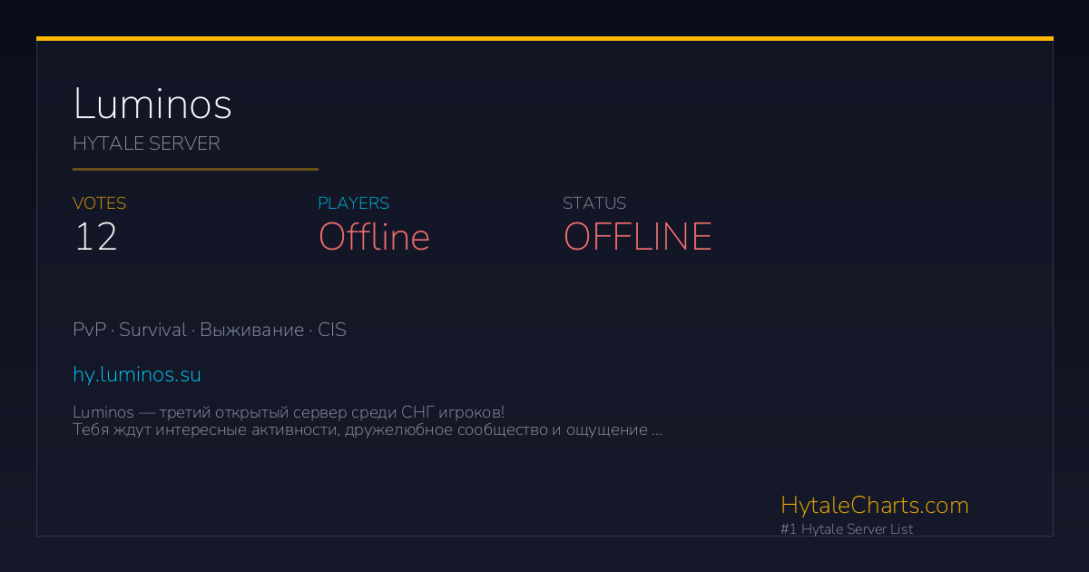 Luminos - Hytale Server IP & Votes | HytaleCharts