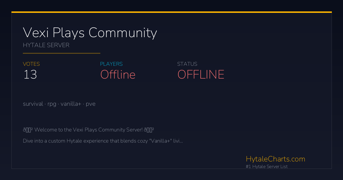 Vexi Plays Community - Hytale Server IP & Votes | HytaleCharts
